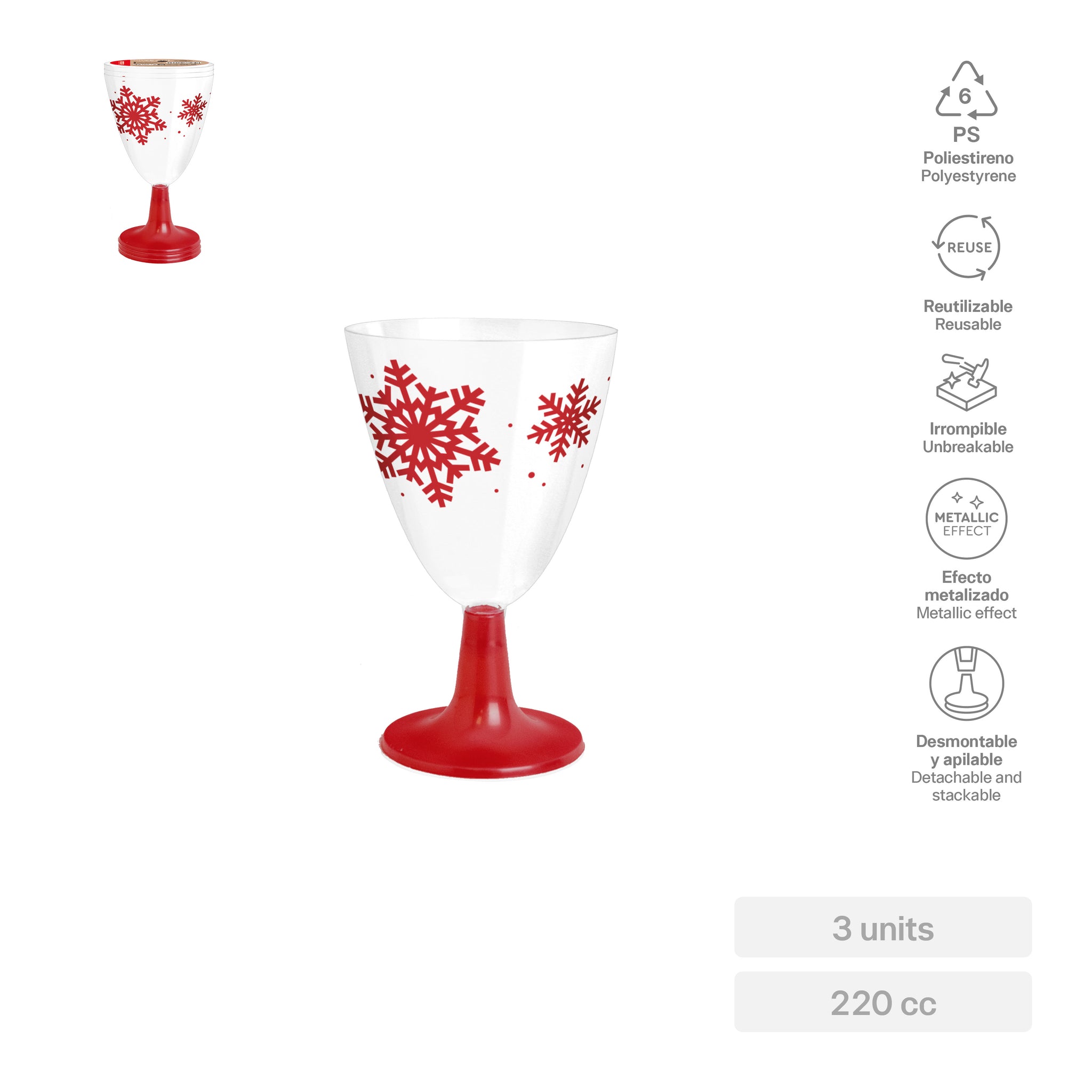 Copa Agua/Vino Plástico Reutilizable PS Navidad 220 cc Copo de Nieve R ...