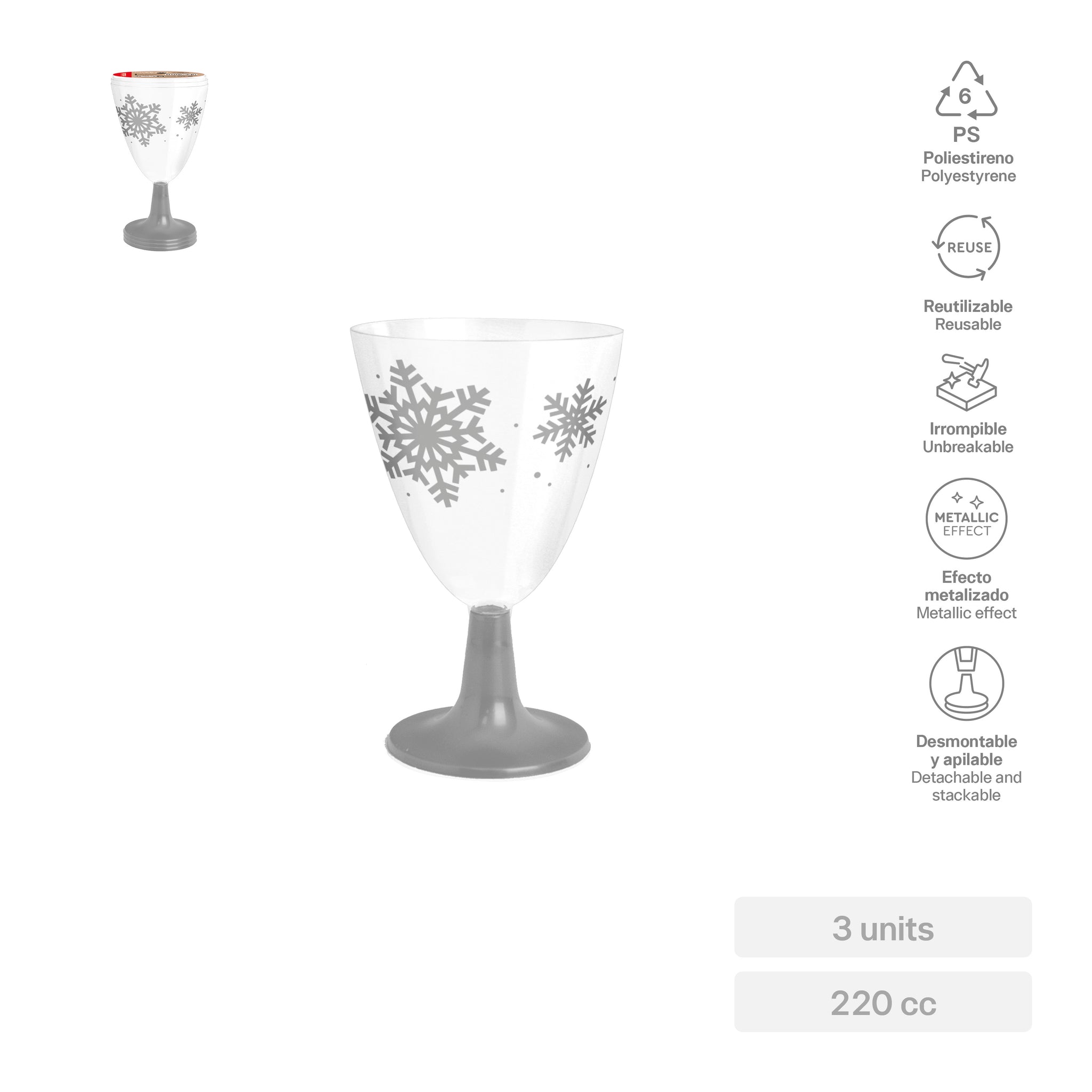 Copa Agua/Vino Plástico Reutilizable PS Navidad 220 cc Copo de Nieve P ...