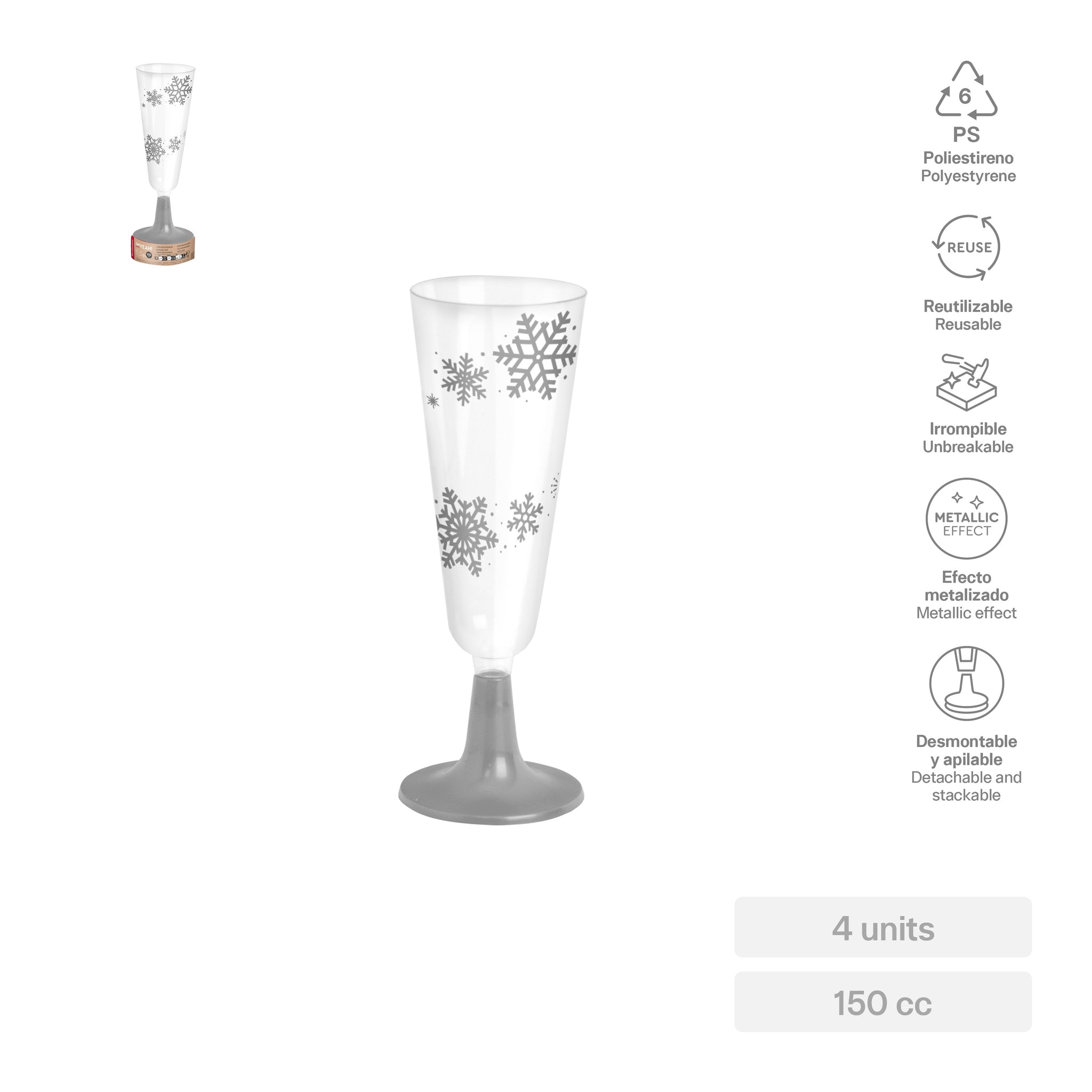 Copa Cava Plástico Reutilizable PS 150 cc Copo de Nieve Plata Glitter ...