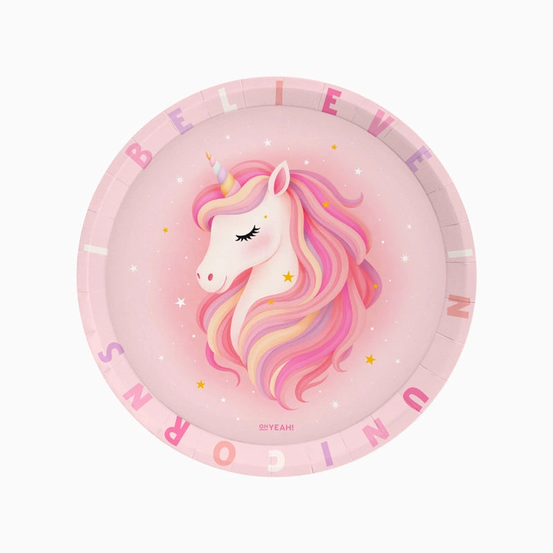 Flat Cardboard Plate Ø 23 cm Baby Pink Unicorn – Oh Yeah! by Partylosophy