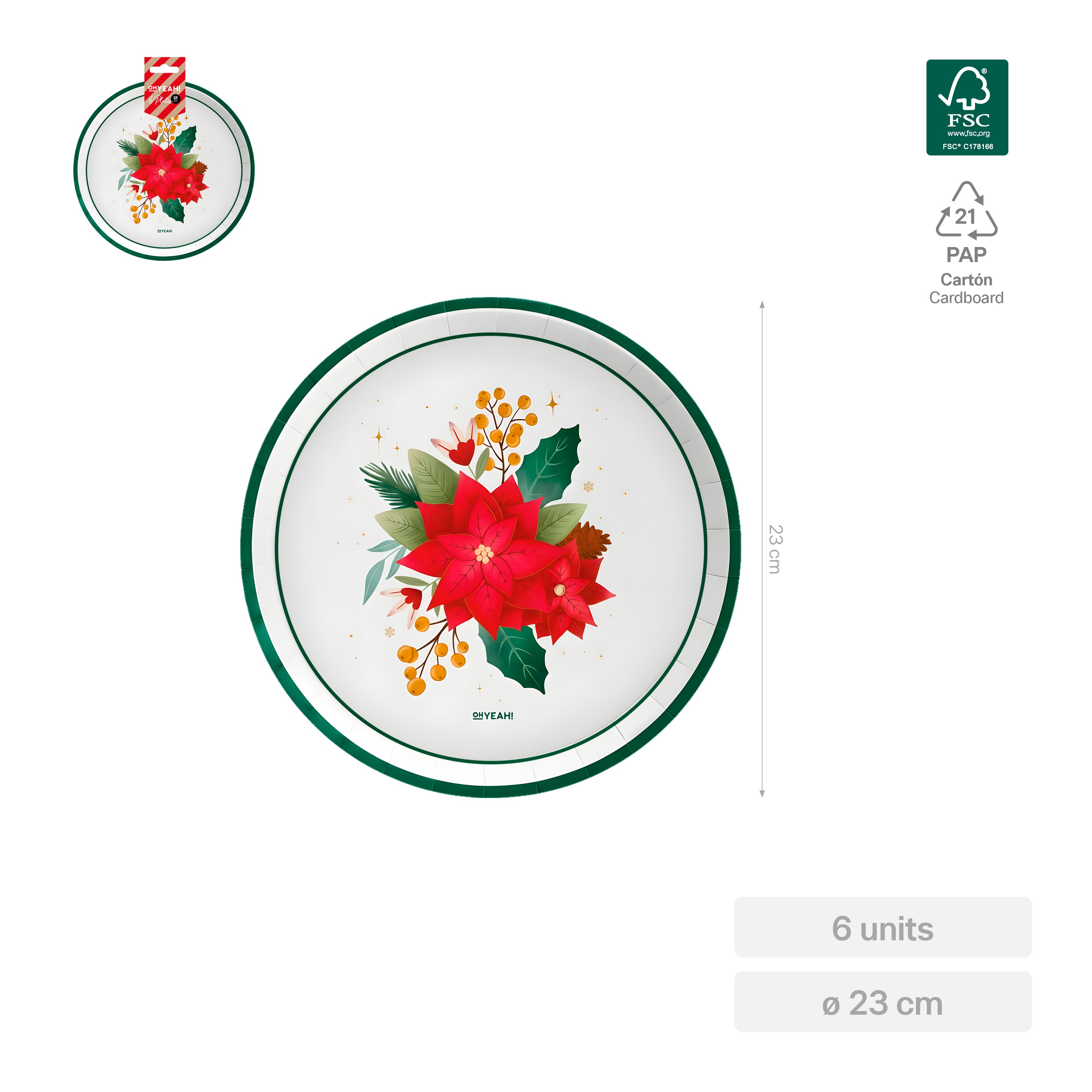 Plato Cartón Llano Postre Navidad Ø 23 cm Flor de Pascua – Oh Yeah! by ...