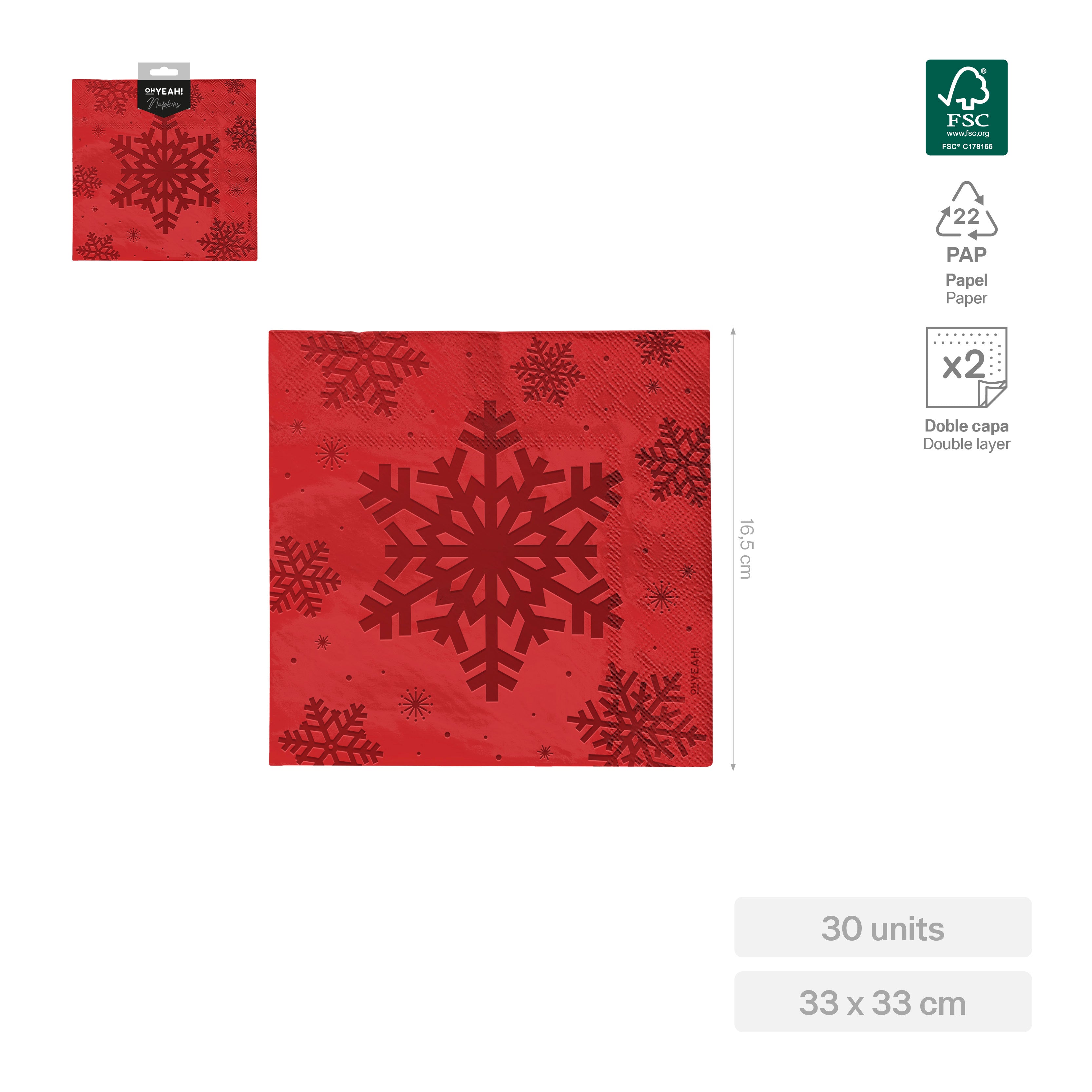 Servilleta Papel Doble Capa Navidad 33 x 33 cm Copo de Nieve Rojo Glit ...